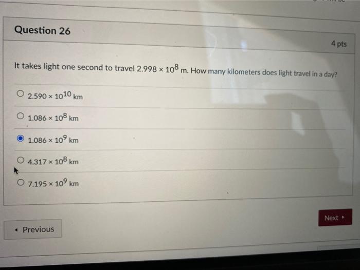 Solved Question 26 4 pts It takes light one second to travel | Chegg.com