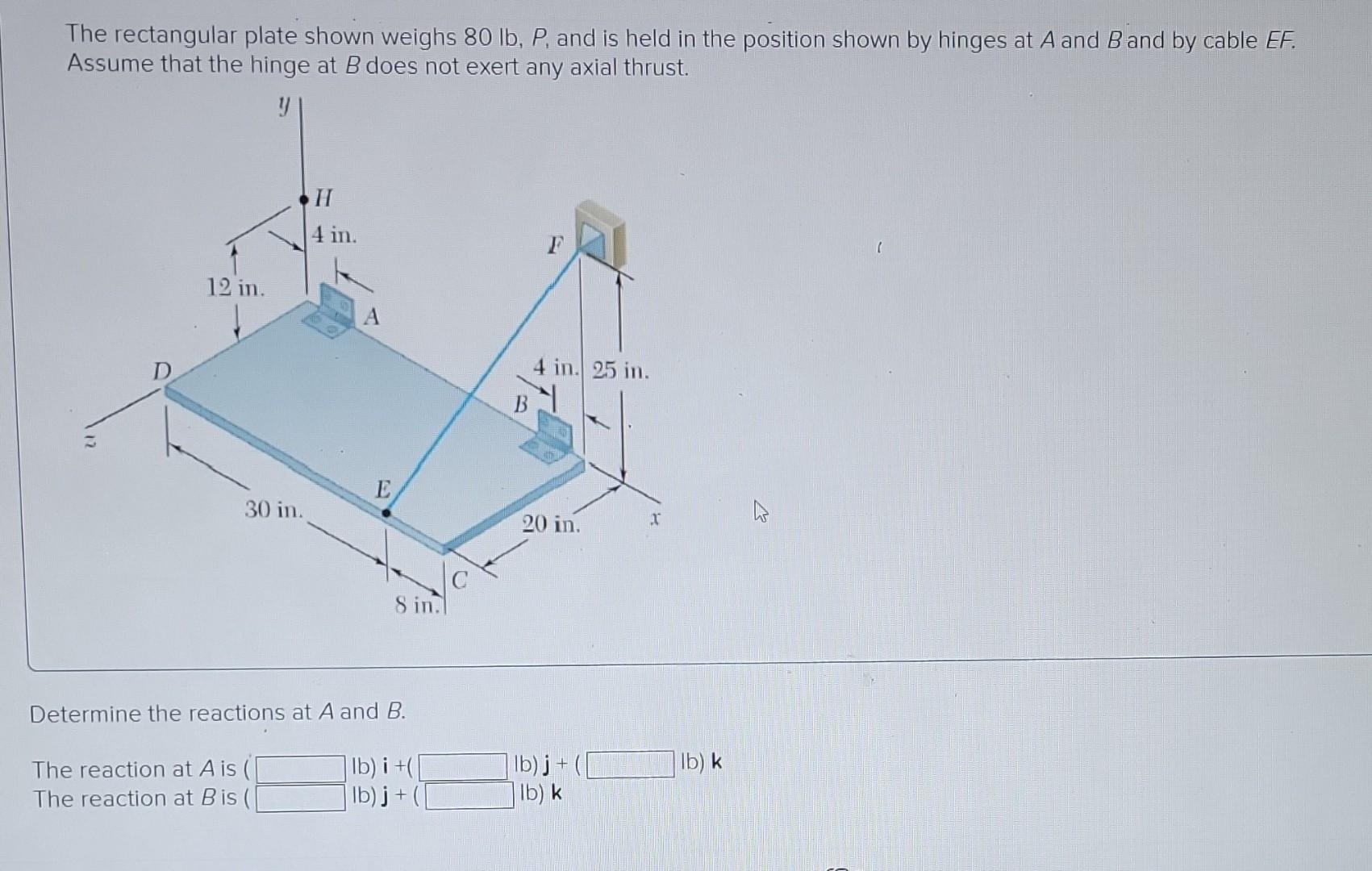 Solved The rectangular plate shown weighs 80lb,P, and is | Chegg.com