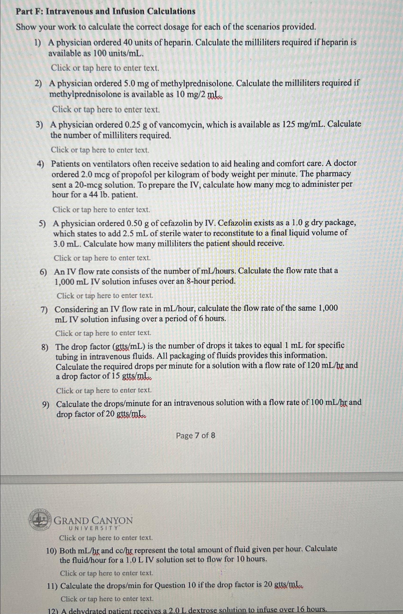 Solved Part F: Intravenous and Infusion CalculationsShow | Chegg.com