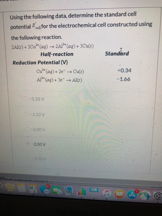 Solved Using the following data, determine the standard cell | Chegg.com