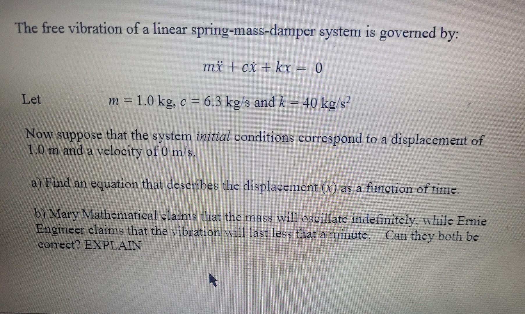 Solved the free vibration of a linear spring-mass-damper | Chegg.com