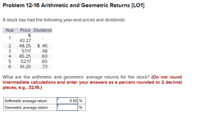 Solved Problem 12-16 ﻿Arithmetic and Geometric Returns | Chegg.com