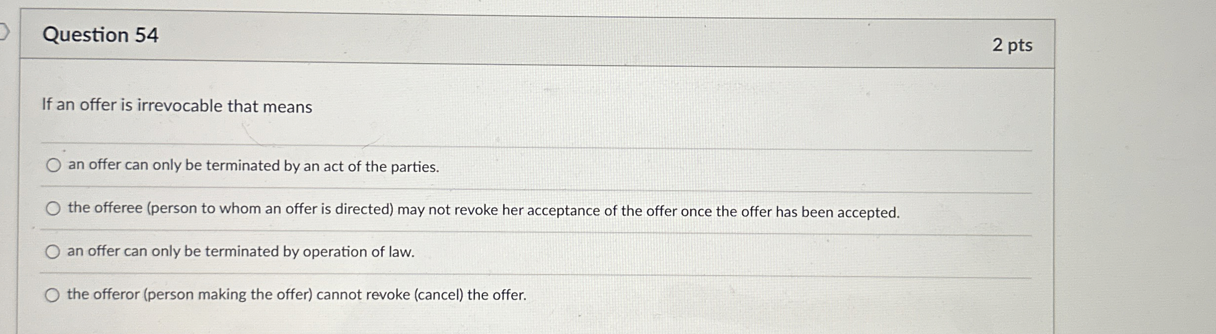 Solved Question 542 ﻿ptsIf an offer is irrevocable that | Chegg.com