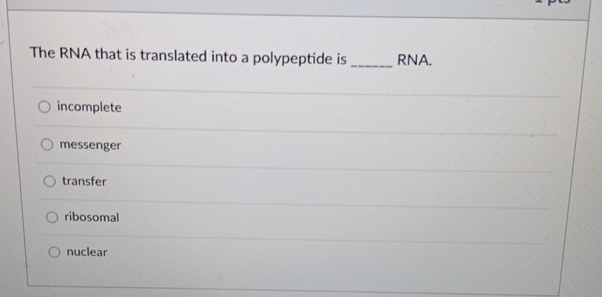 Solved The RNA that is translated into a polypeptide is | Chegg.com