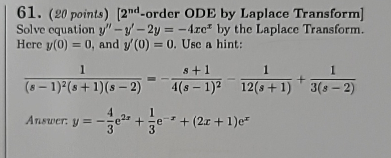 Solved (20 ﻿points) [2nd-order ODE by Laplace Transform] | Chegg.com