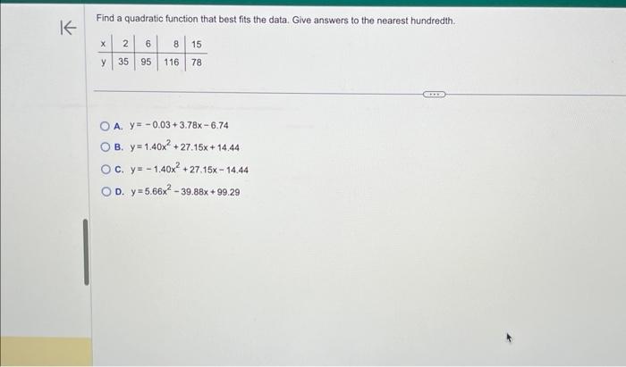 Solved Find a quadratic function that best fits the data. | Chegg.com