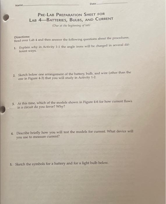 Solved Pre-Lab Preparation Sheet for LAB 4 - Batteries, | Chegg.com