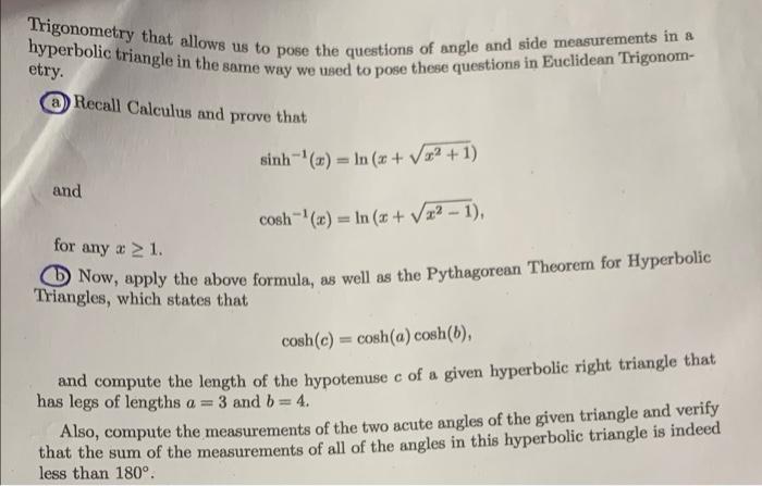 Solved hyperbolic triangle in the same way we used to pose | Chegg.com