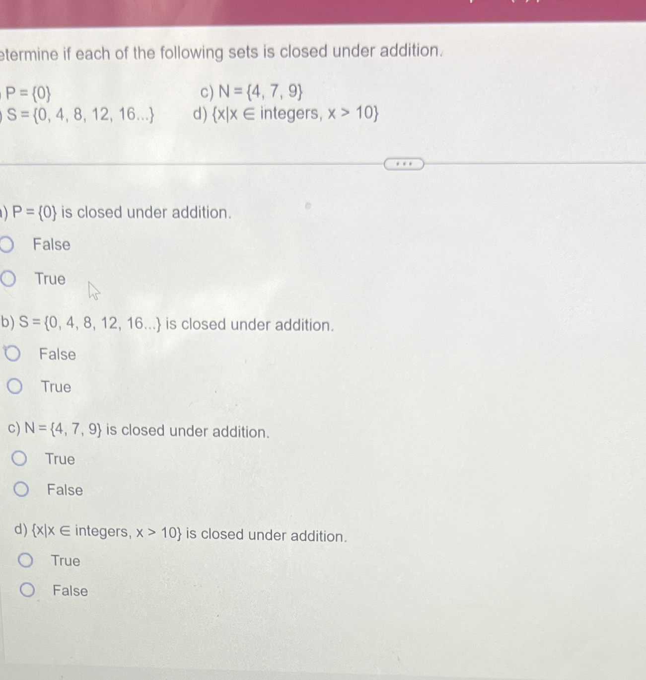 Solved termine if each of the following sets is closed under | Chegg.com