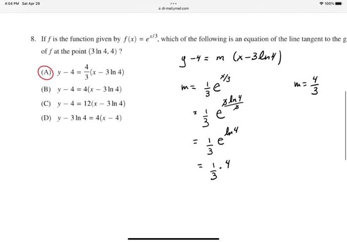 Solved 8. If f is the function given by f(x)=ex/3, which of | Chegg.com