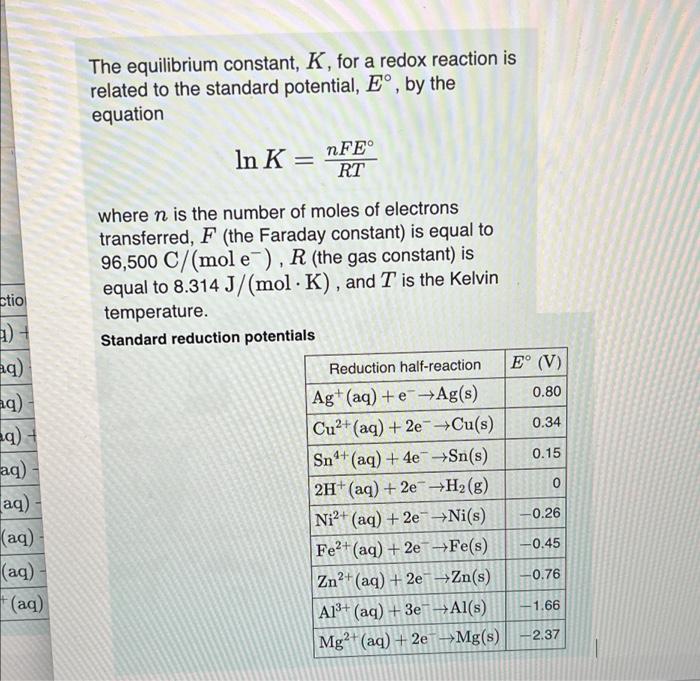 Solved The equilibrium constant, K, for a redox reaction is | Chegg.com
