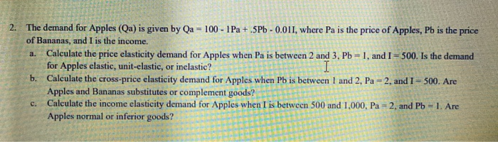 Solved 2. The demand for Apples (Qa) is given by Qa = 100 - | Chegg.com