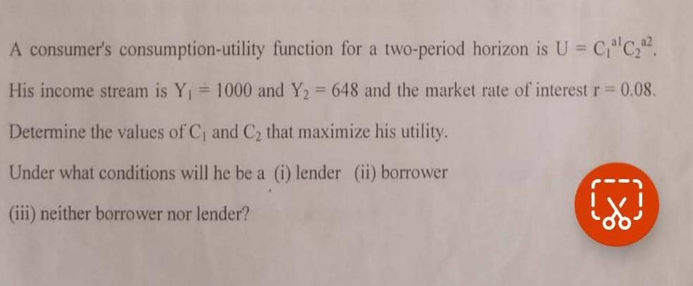 Solved A consumer's consumption-utility function for a | Chegg.com
