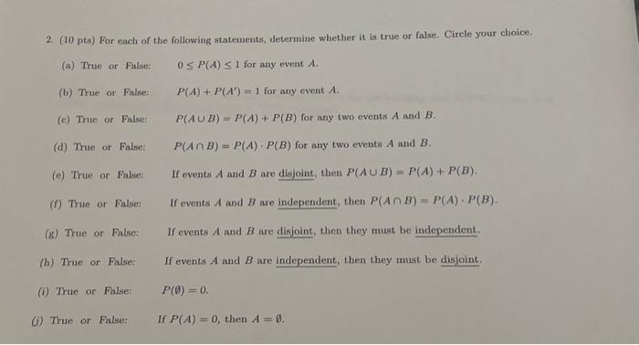 Solved 2. (10pts) For each of the following statements, | Chegg.com
