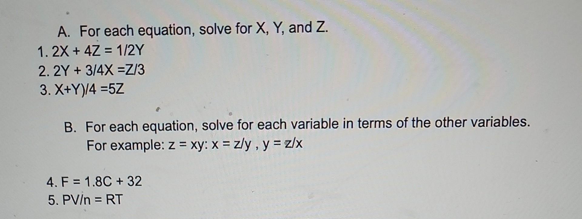 Solved A. For each equation, solve for X,Y, and Z. 1. | Chegg.com