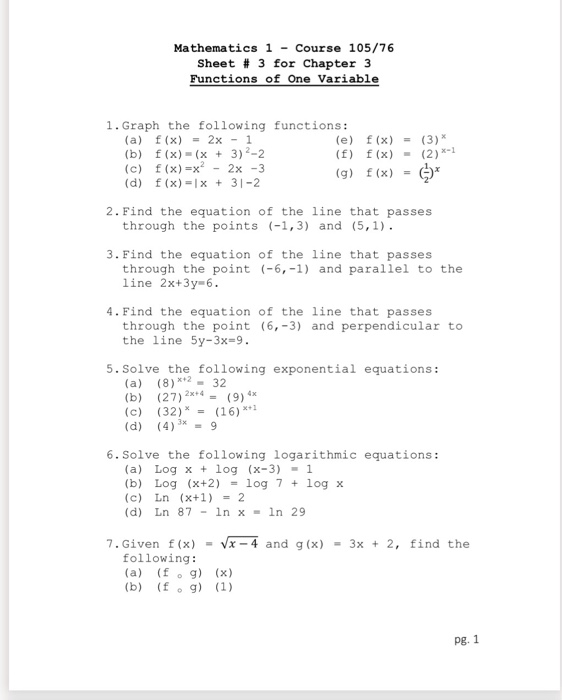 Solved Mathematics 1 - Course 105/76 Sheet # 3 for Chapter 3 | Chegg.com