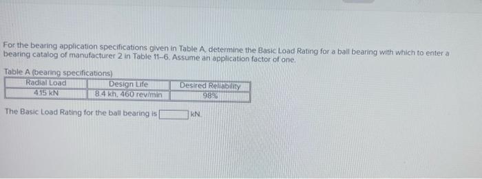 Solved For the bearing application specifications given in | Chegg.com