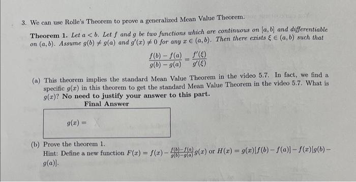 Solved We can use Rolle's Theorem to prove a generalized | Chegg.com