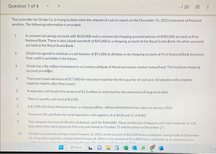 Solved The controller for Oriole Co. is trying to determine | Chegg.com