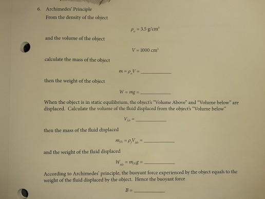 Solved 6. Archimedes' Principle From the density of the | Chegg.com