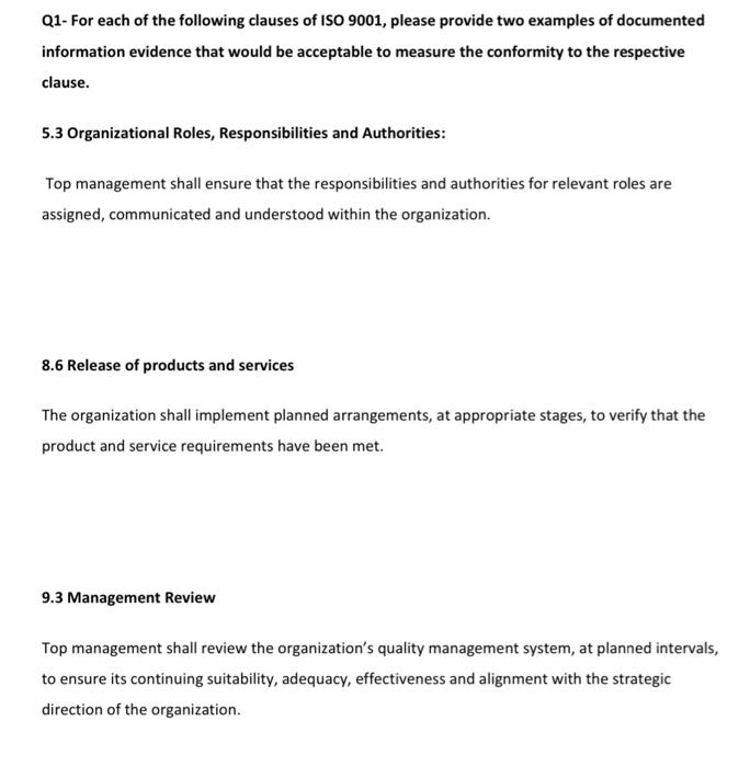 Solved Q1- For each of the following clauses of ISO 9001, | Chegg.com