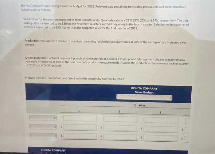Solved Bonita Company is preparing its master budget for | Chegg.com