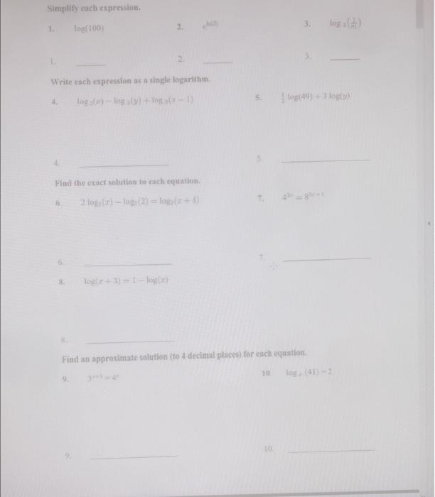 Solved Simplify each espression. 1. log(100) 2. ewi21 3. | Chegg.com