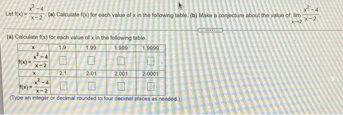 Solved X2-4 x-2 Let f(x) = X2 (a) Calculate f(x) for each | Chegg.com