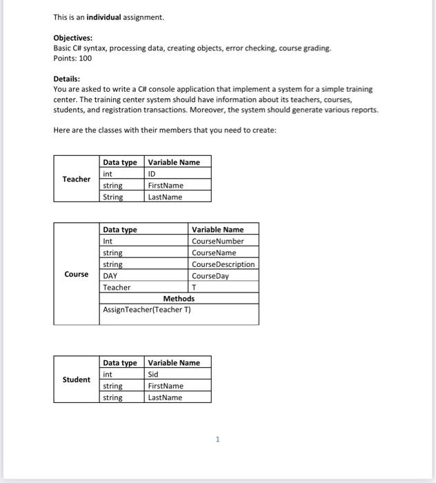 This is an individual assignment Objectives: Basic C# | Chegg.com