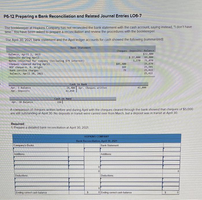 Solved P6-12 Preparing a Bank Reconciliation and Related | Chegg.com