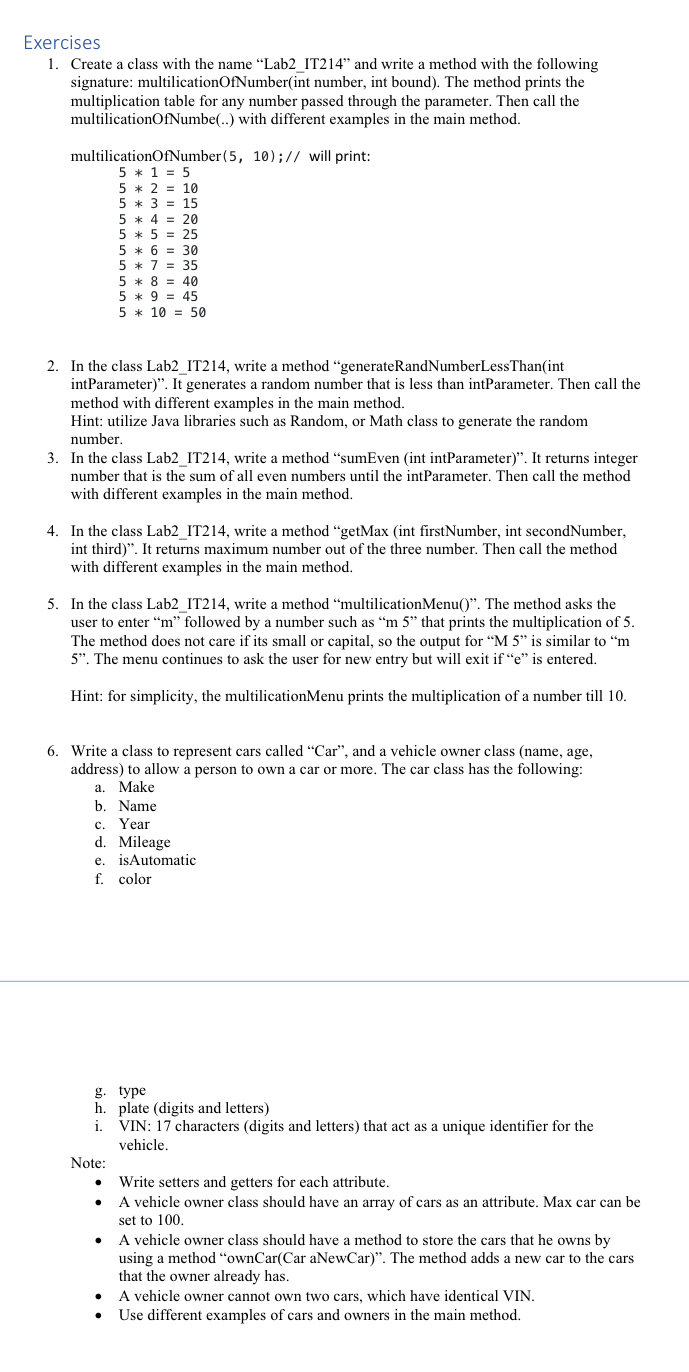 Solved ExercisesCreate a class with the name "Lab2_IT214" | Chegg.com
