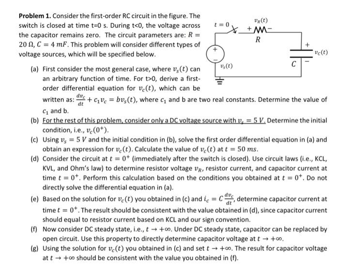 Solved t=0 Problem 1. Consider the first-order RC circuit in | Chegg.com