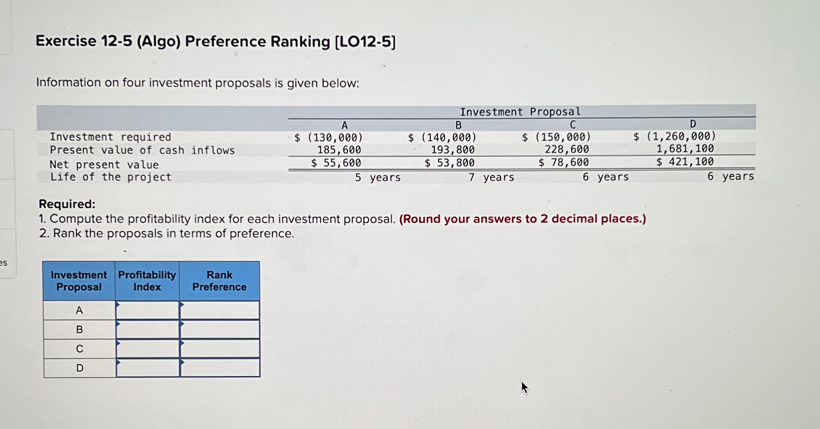 Solved Exercise 12-5 (Algo) ﻿Preference Ranking | Chegg.com