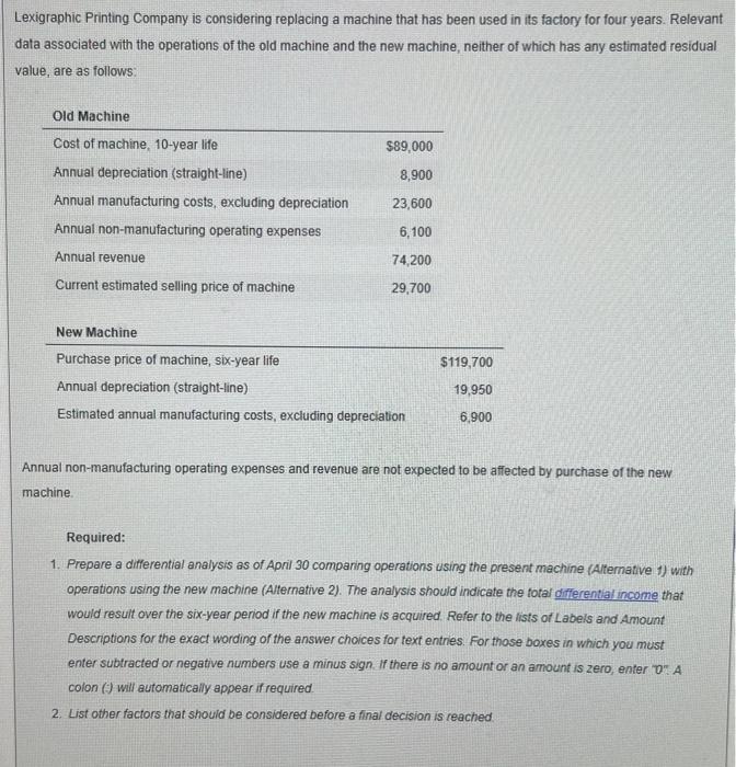 Solved Lexigraphic Printing Company is considering replacing | Chegg.com