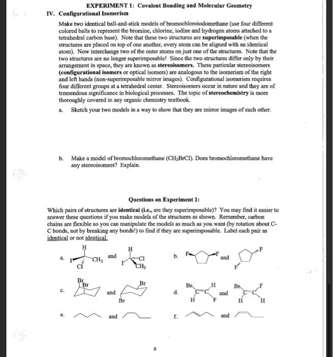 EXPERIMENT 1: Covalent Bonding and Molecular Geometry | Chegg.com