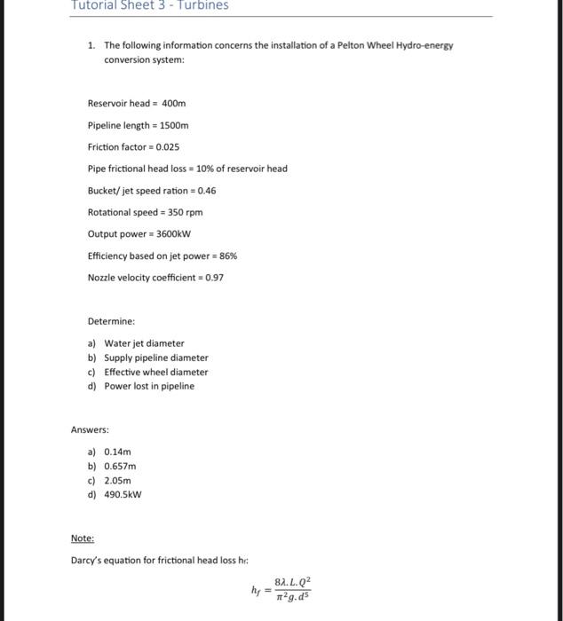 Solved Tutorial Sheet 3 - Turbines 1. The following | Chegg.com
