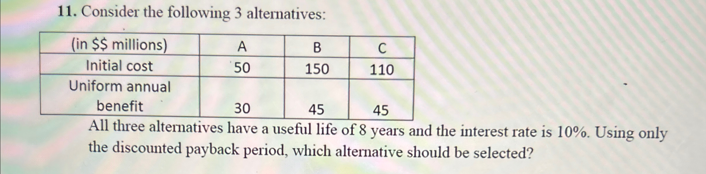 Solved Consider the following 3 ﻿alternatives:\table[[(in $$ | Chegg.com