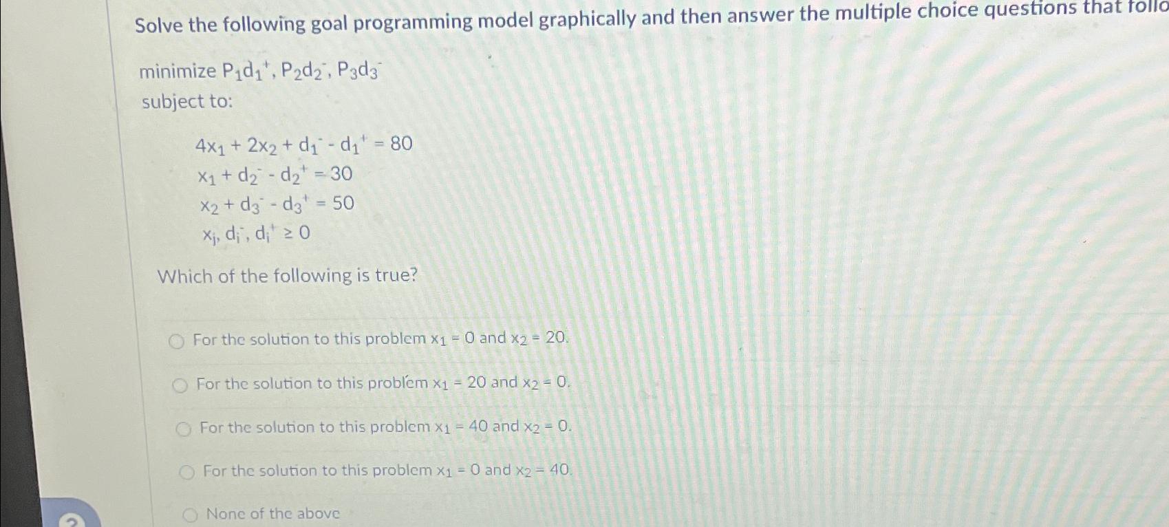 Solved Solve the following goal programming model | Chegg.com