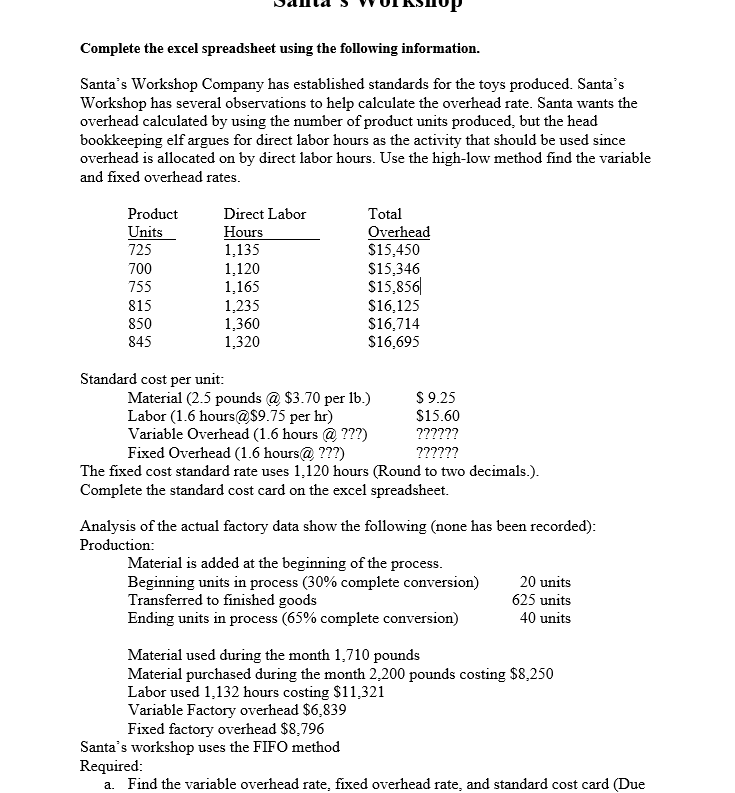 Complete the excel spreadsheet using the following | Chegg.com