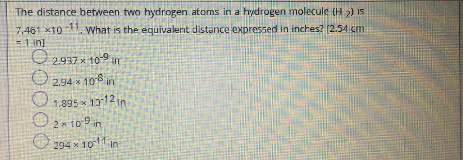Solved The distance between two hydrogen atoms in a hydrogen | Chegg.com