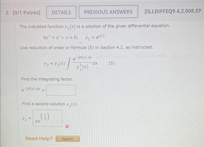 Solved The indicated function y1(x) is a solution of the | Chegg.com
