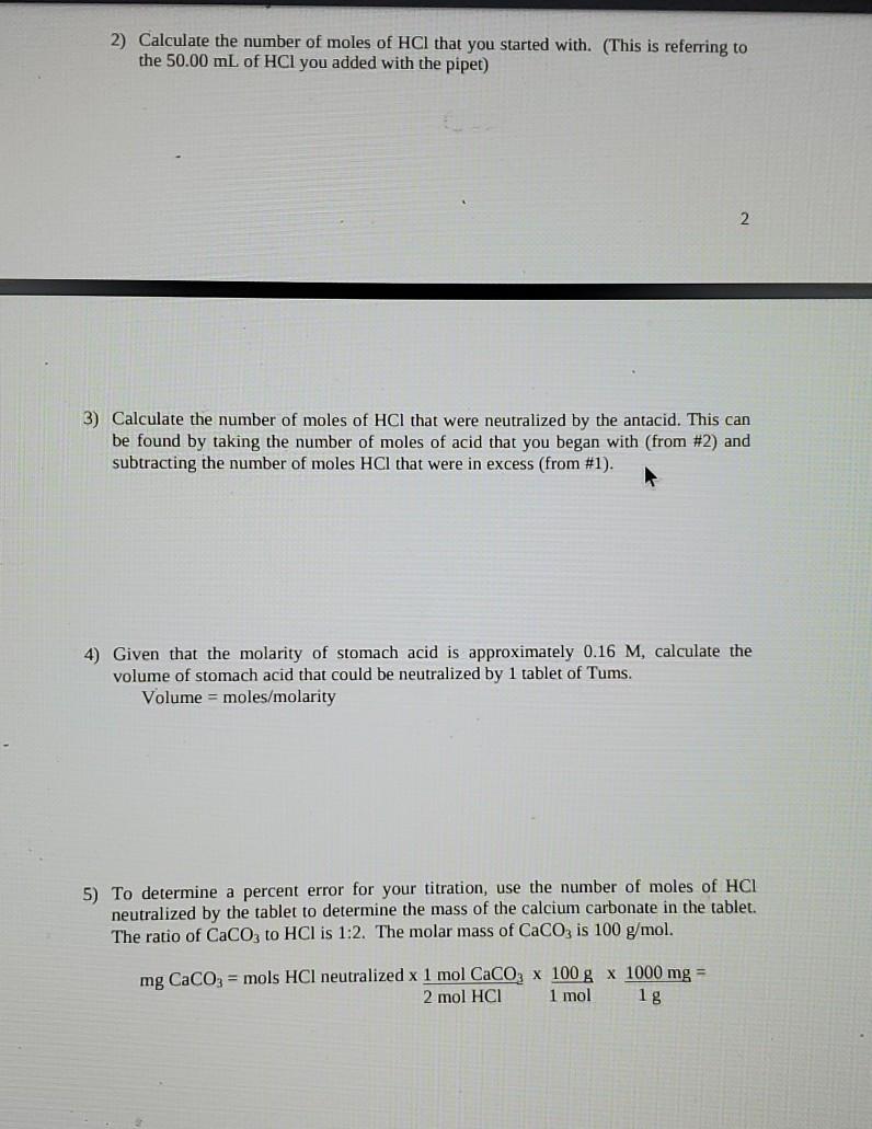 2) Calculate the number of moles of HCl that you | Chegg.com