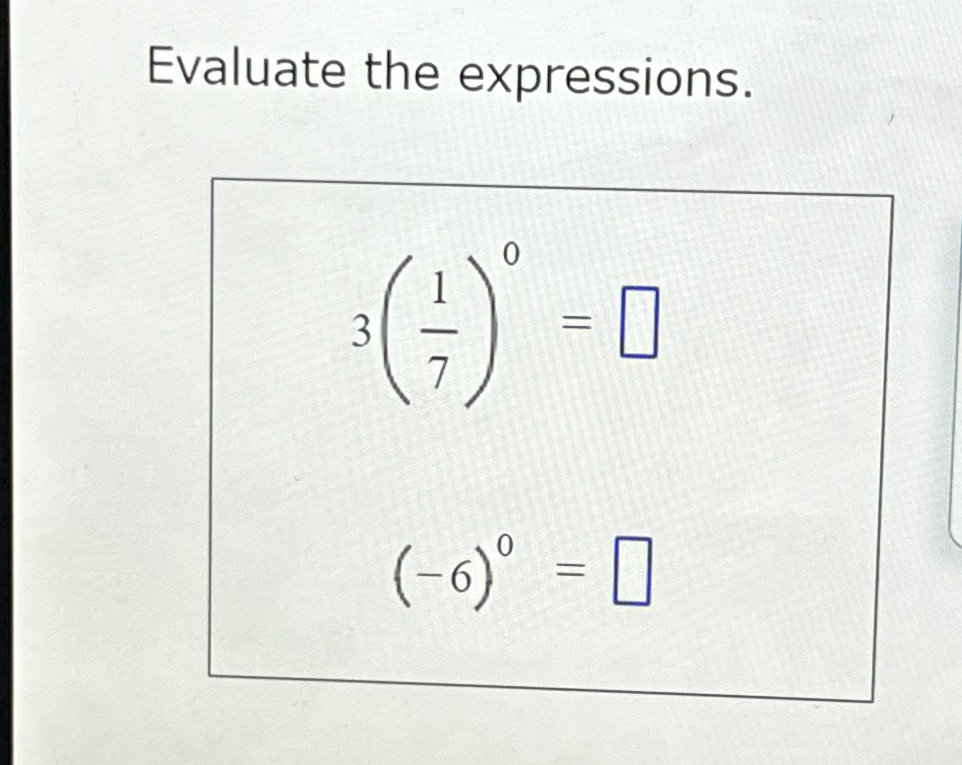 Evaluate the expressions.3(17)0=(-6)0= | Chegg.com