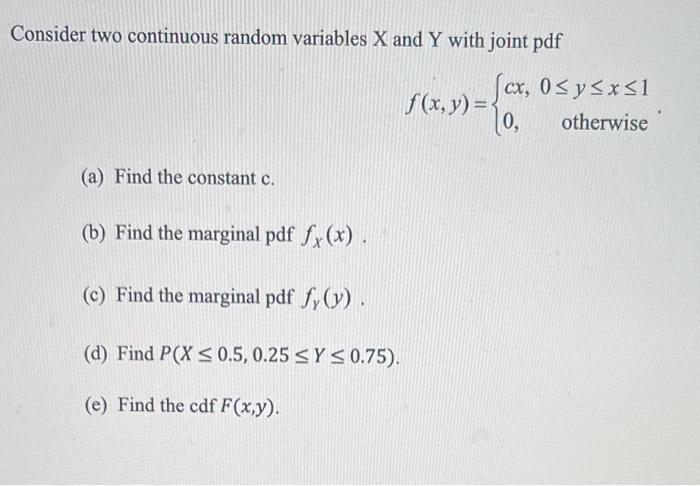 Solved Consider two continuous random variables X and Y with | Chegg.com