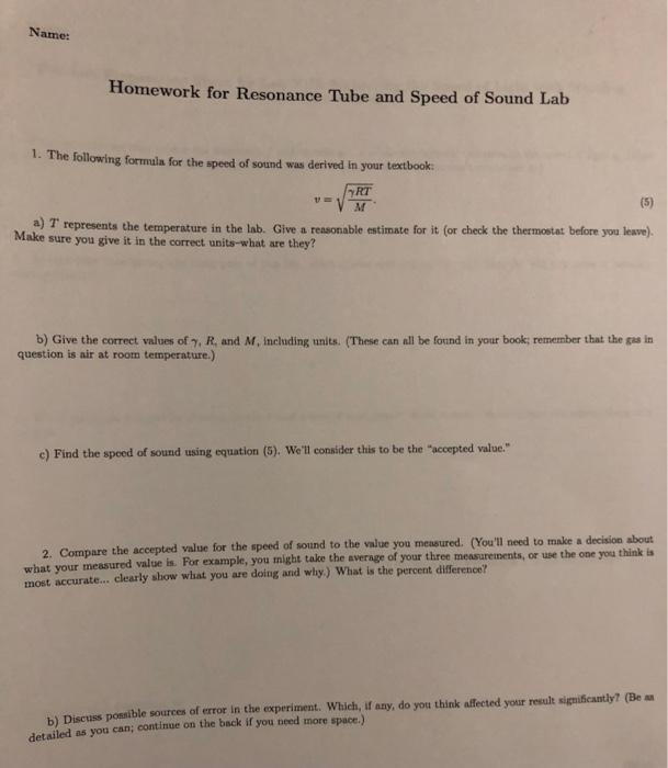Homework for Resonance Tube and Speed of Sound Lab 1. | Chegg.com