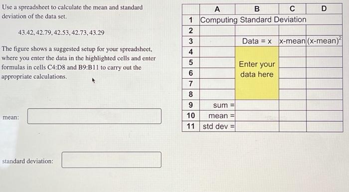 Solved Use a spreadsheet to calculate the mean and standard | Chegg.com
