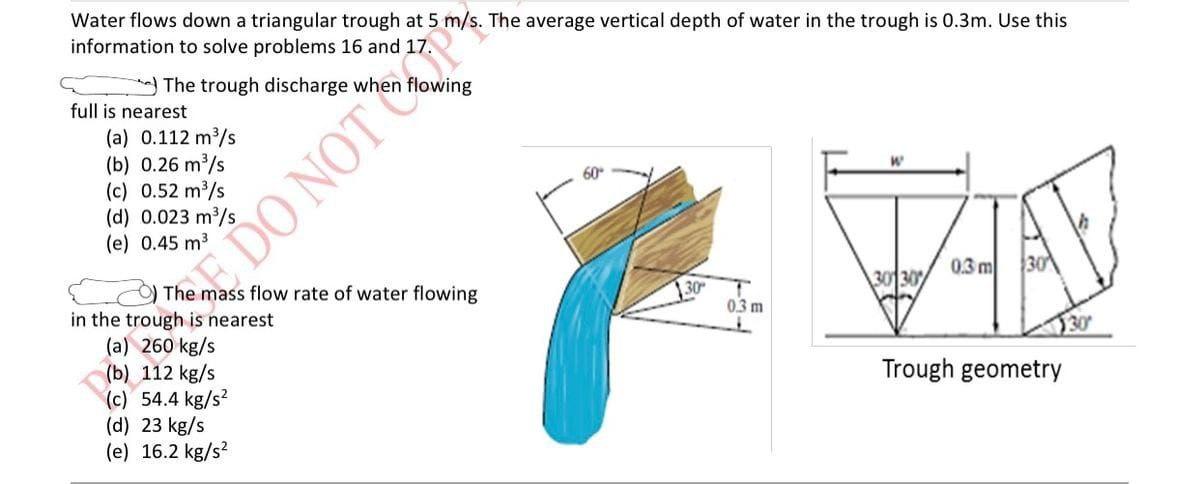 Solved Water flows down a triangular trough at 5 m/s. The | Chegg.com
