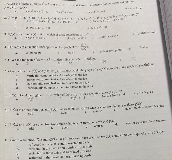 Solved 1. Given the functions f(x)=x2+1 and g(x)=−3−x, | Chegg.com