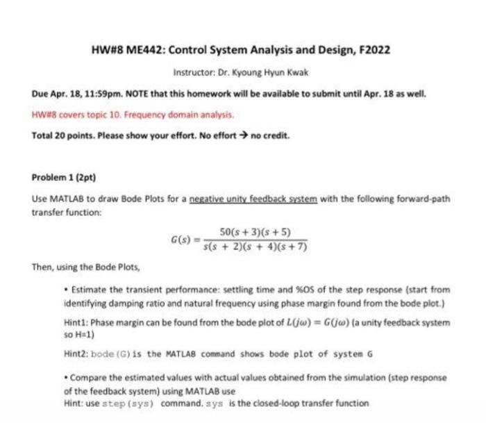 Solved HW\#8 ME442: Control System Analysis and Design, | Chegg.com