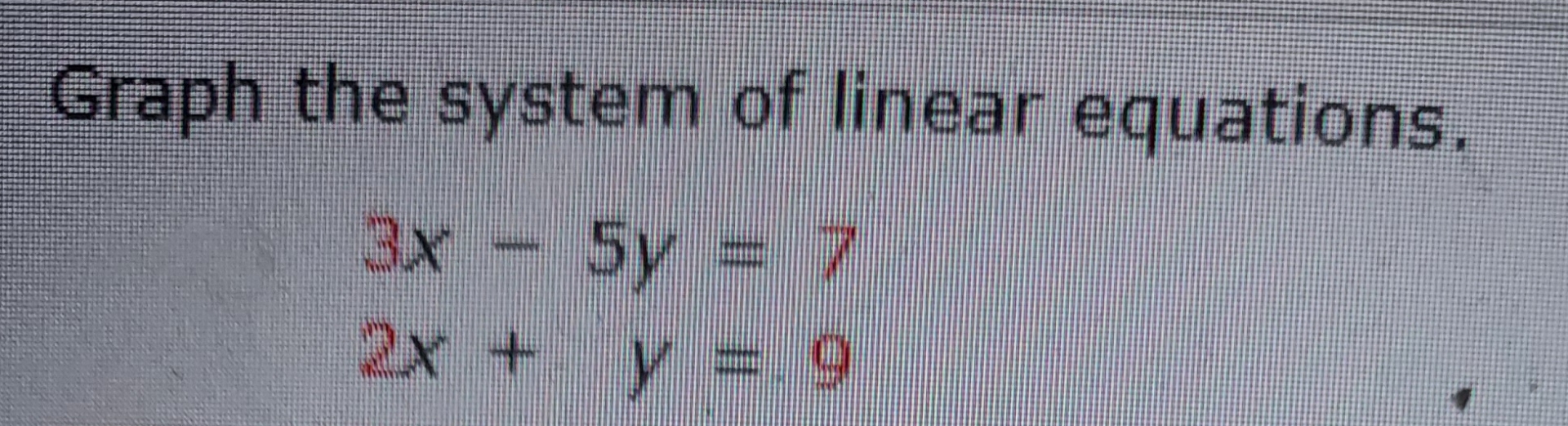 Solved Graph the system of linear equations.3x-5y=72x+y=9 | Chegg.com
